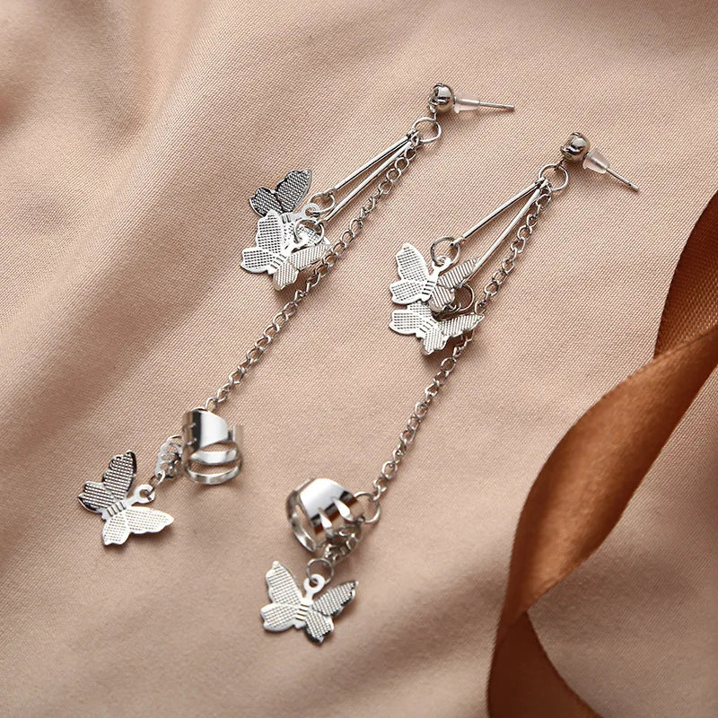 Elegant Silver Butterfly Long Dangle Chain Earrings on Luulla