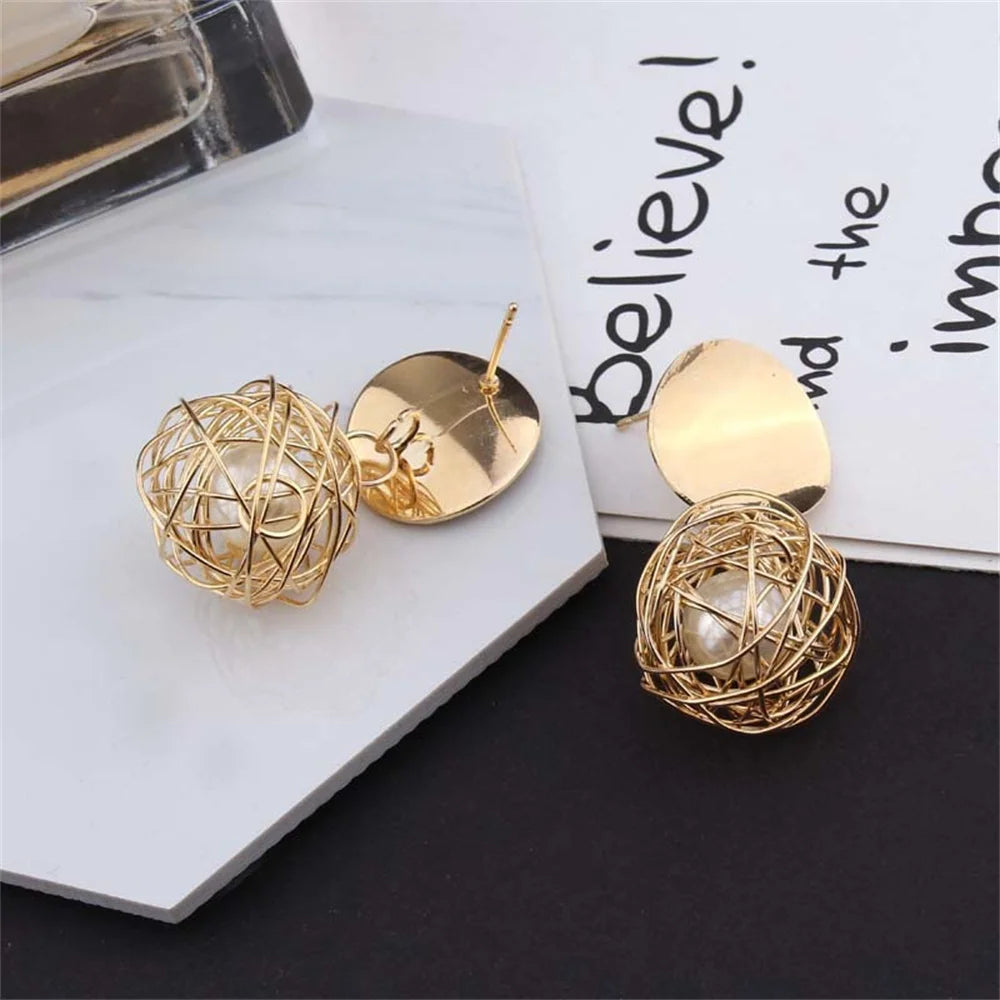 Elegant Gold Wire Ball Pearl Earrings on Luulla