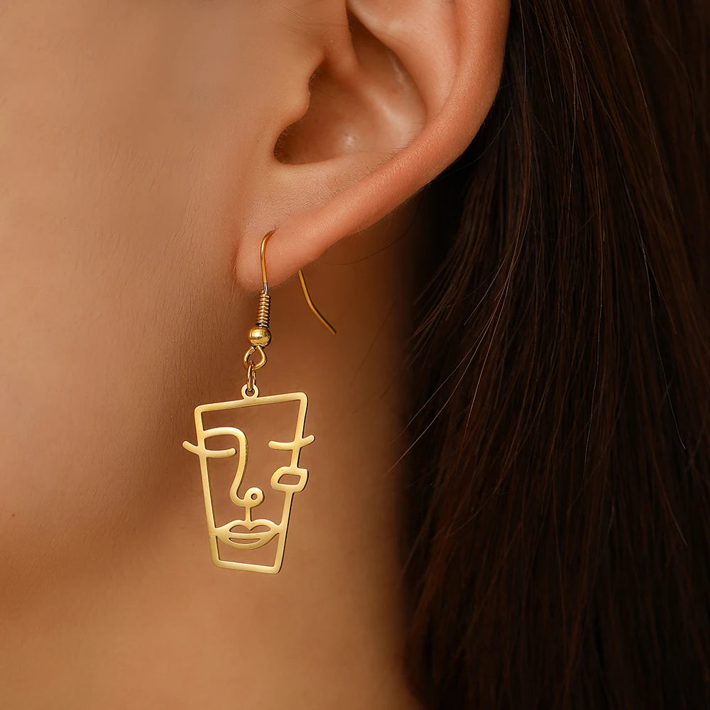 Abstract Face Gold Dangle Drop Earrings on Luulla