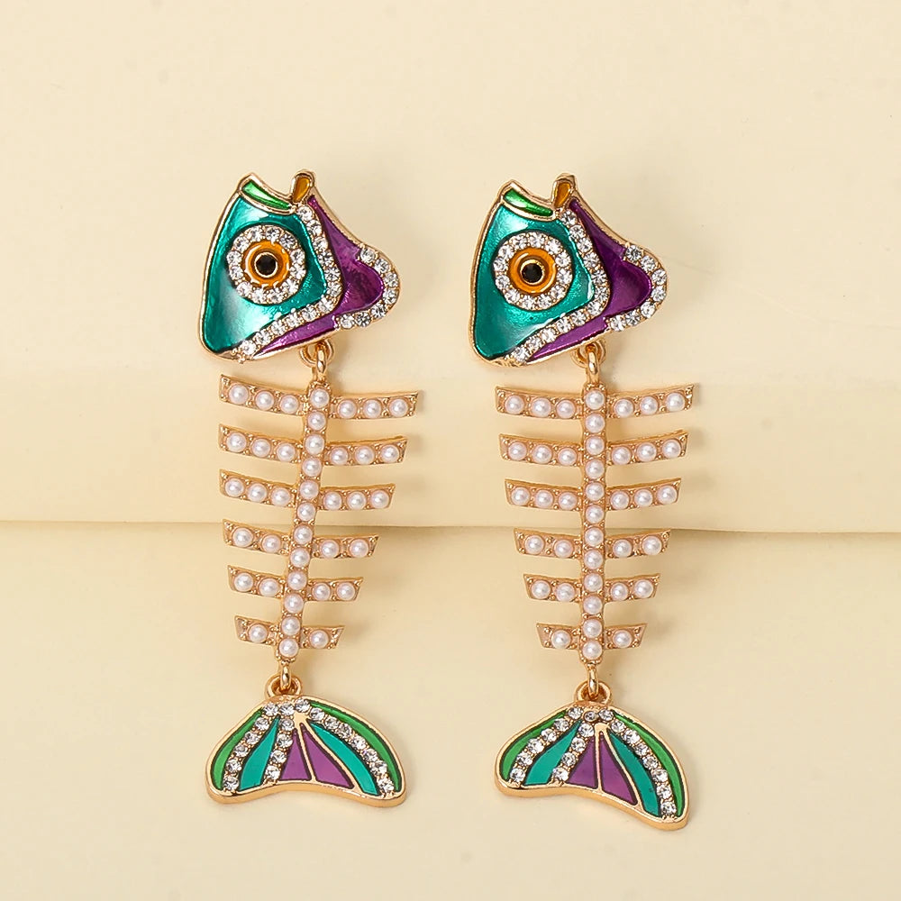 Colorful Fish Skeleton Dangling Earrings For Women on Luulla