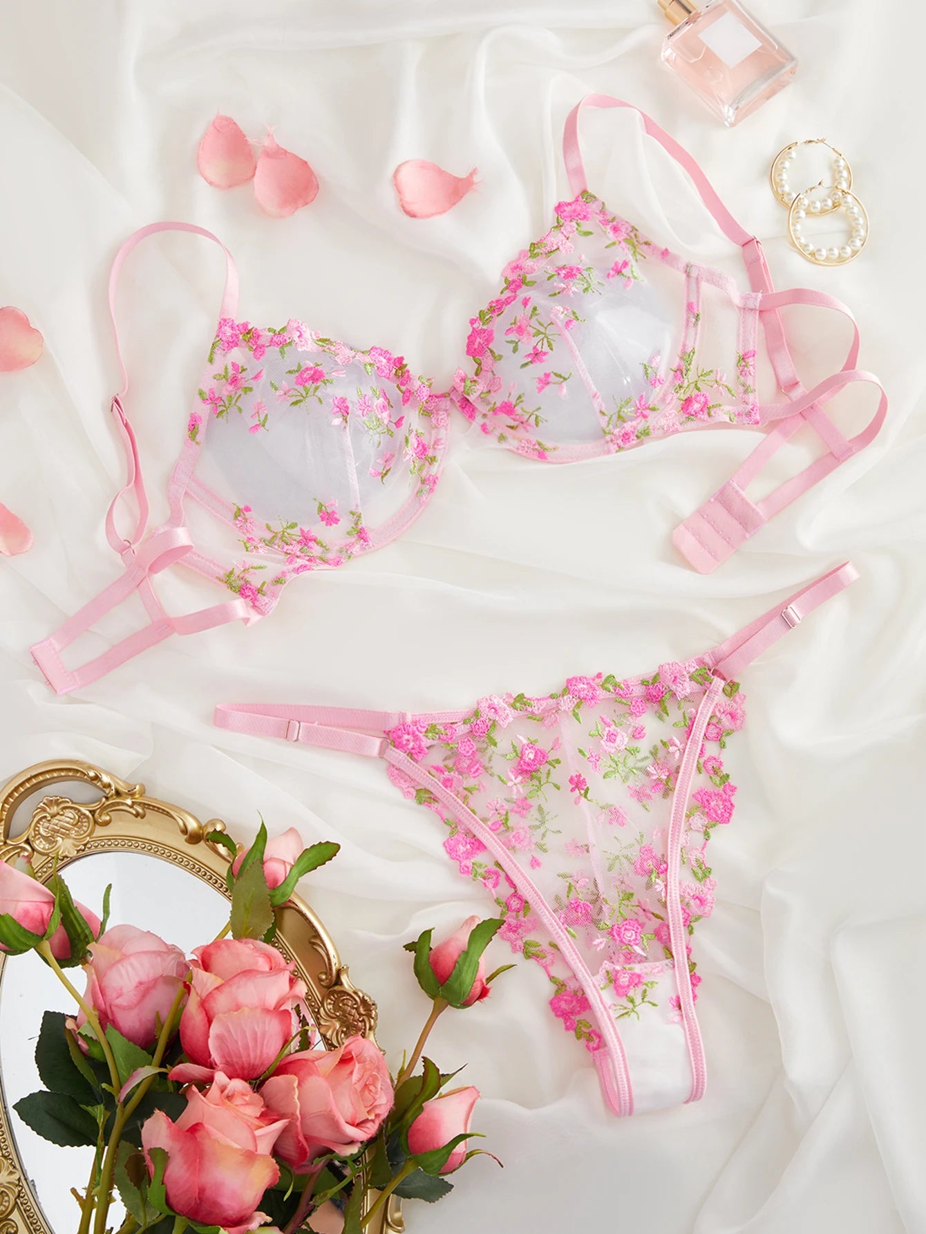 Floral Embroidered Sheer Lace Lingerie Set Pink on Luulla