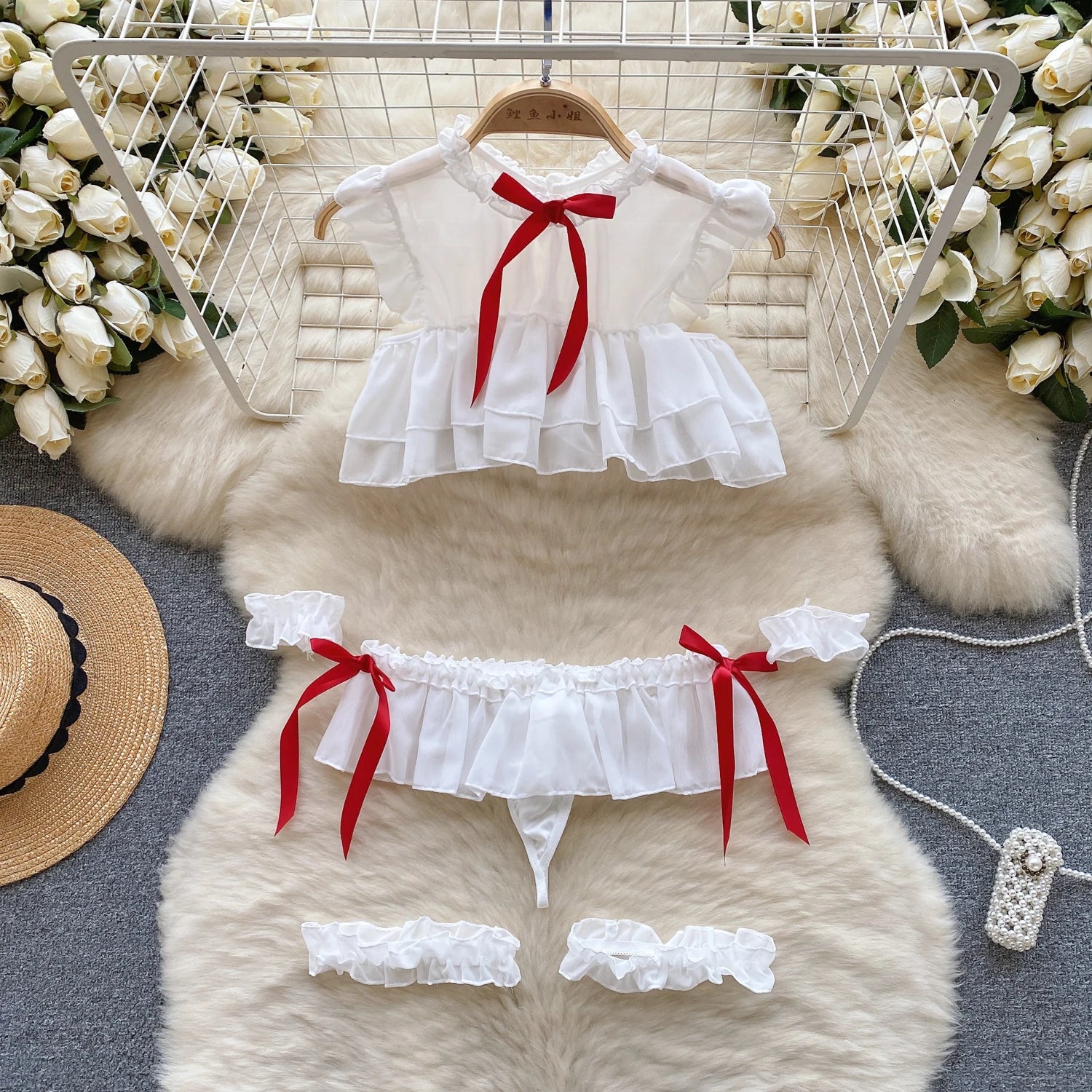 White Ruffled Lingerie Set With Red Bows on Luulla
