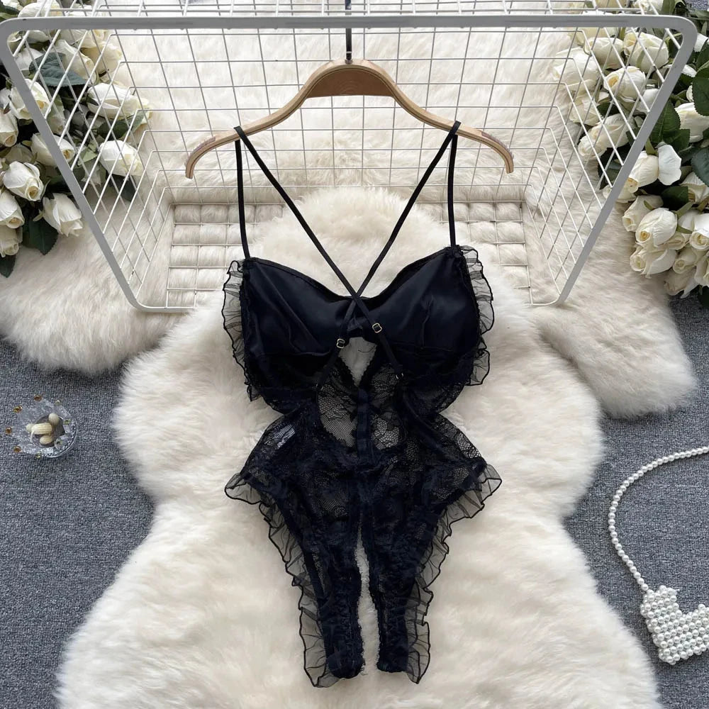 Elegant Black Lace Teddy Bodysuit With Ruffles on Luulla