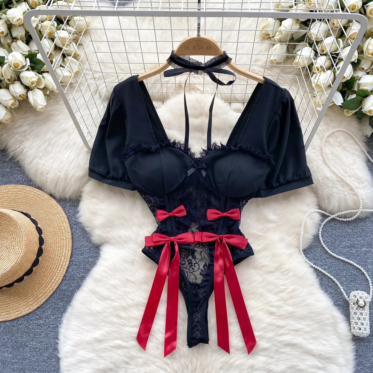 Sexy Black Lace Bodysuit With Red Bows on Luulla