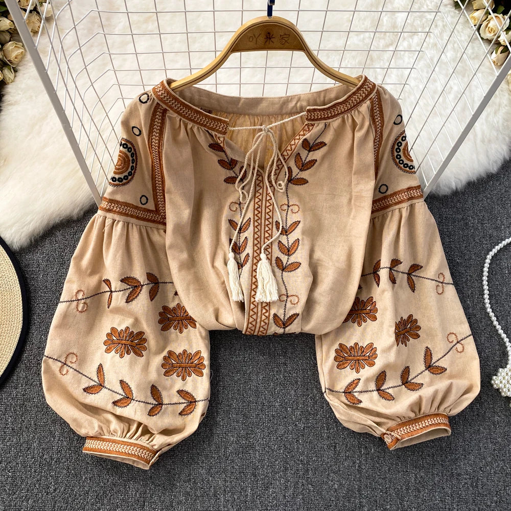 Boho Embroidered Peasant Blouse With Balloon Sleeves on Luulla