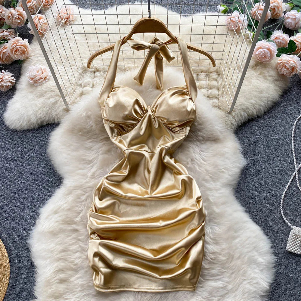 Gold Satin Halter Dress With Ruched Design on Luulla