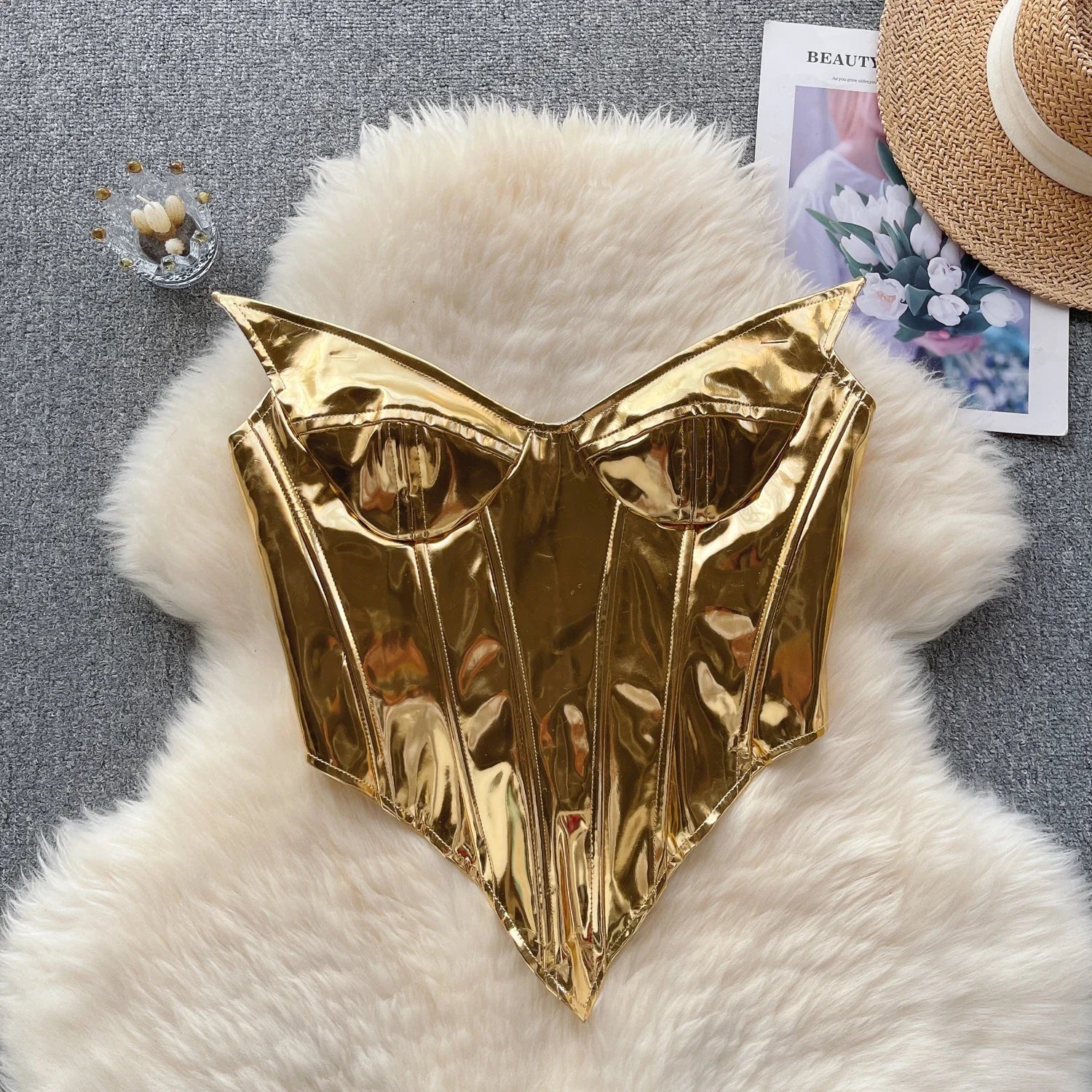 Shiny Metallic Gold Corset Bustier Top on Luulla