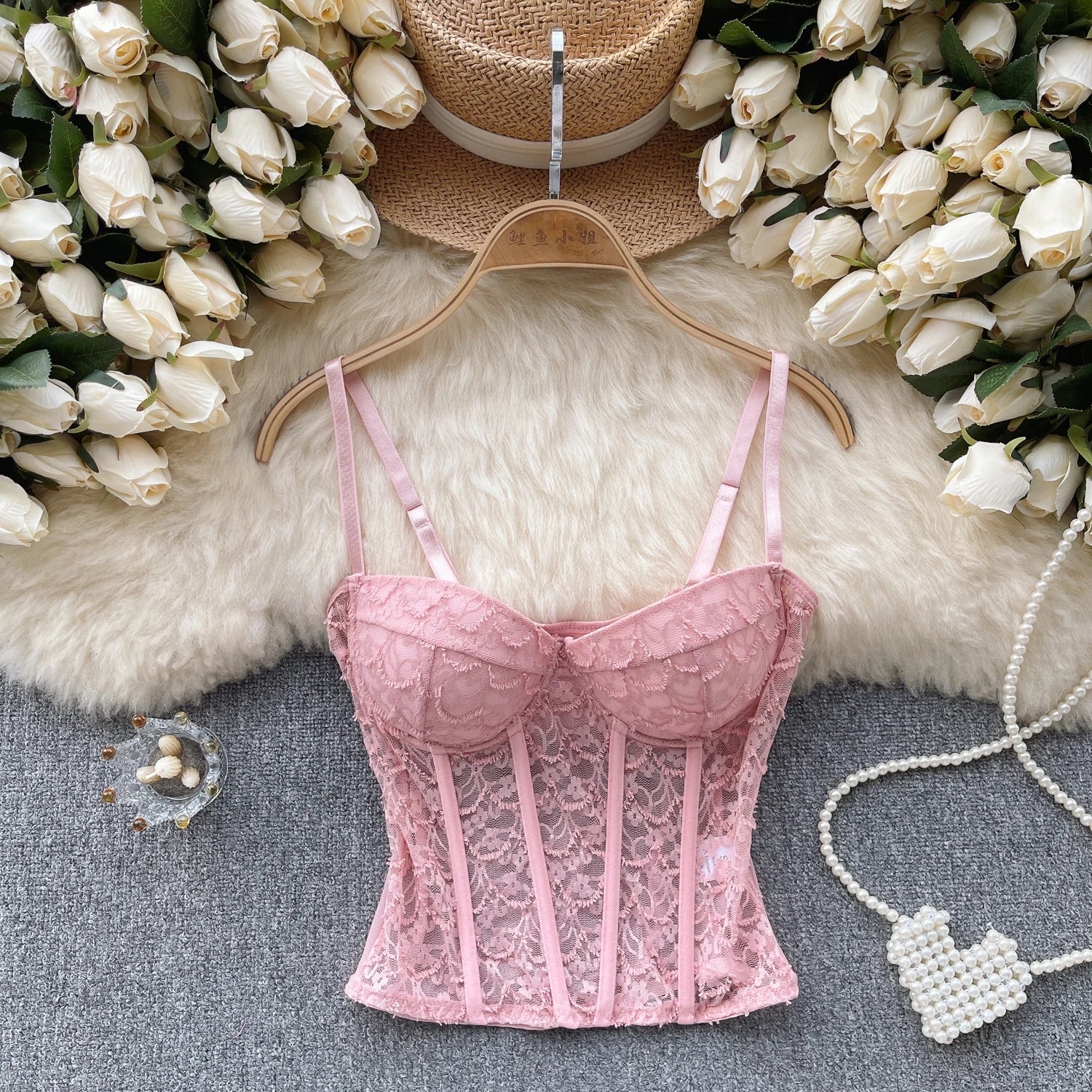 Lace Pink Bustier Top - Elegant Floral Design on Luulla