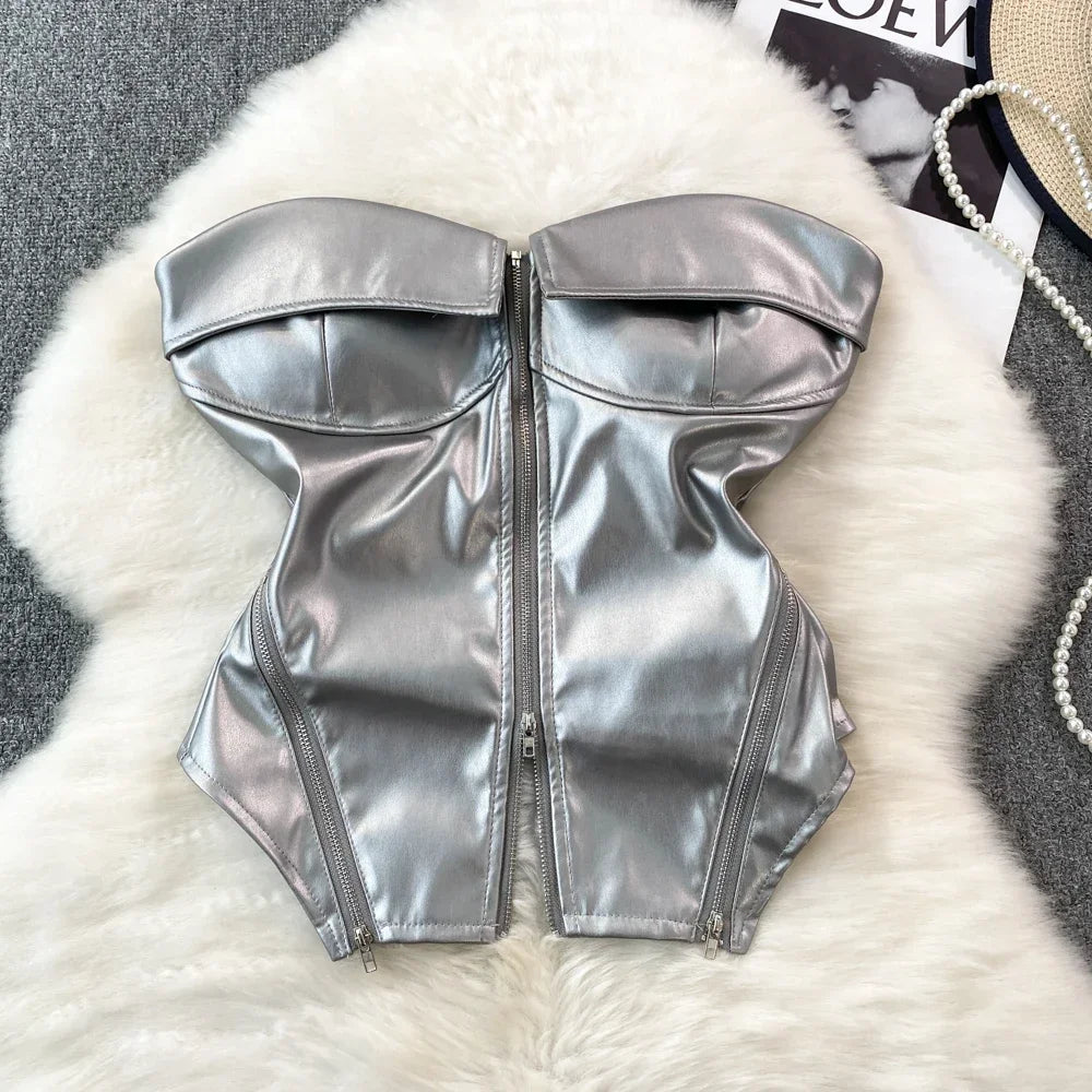Metallic Silver Tube Top With Front Zipper on Luulla