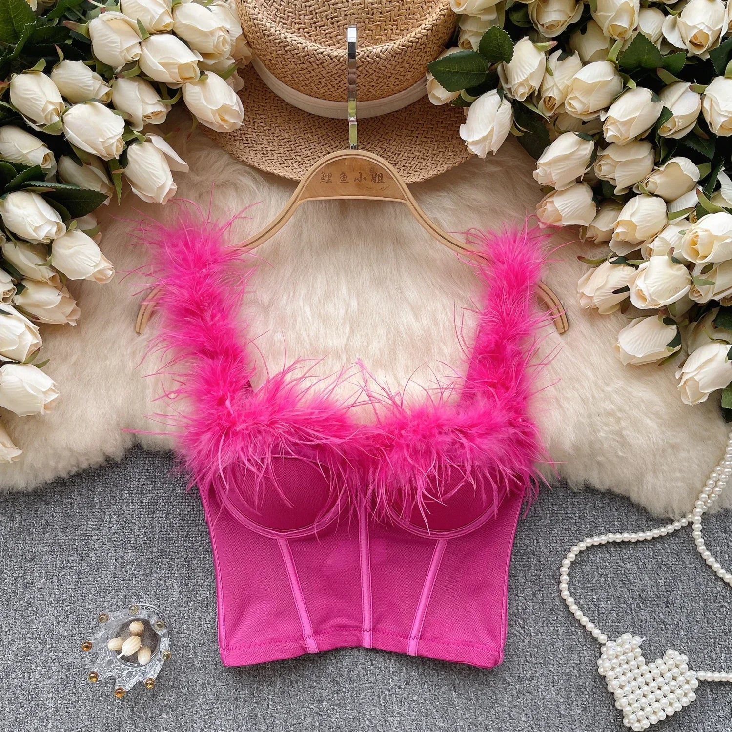 Pink Feather Trimmed Bustier Crop Top on Luulla
