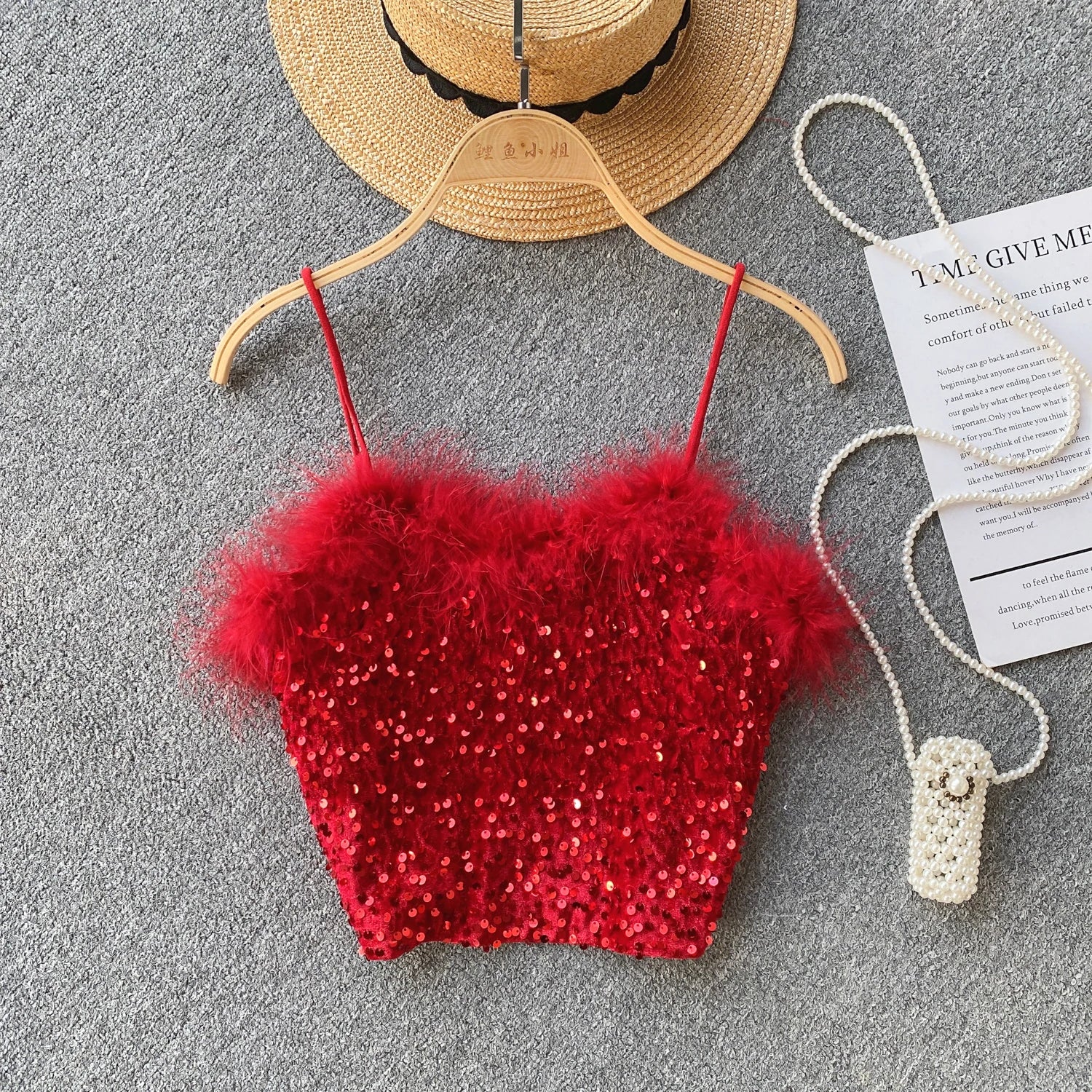 Red Sequin Feather-trim Crop Top Cami on Luulla