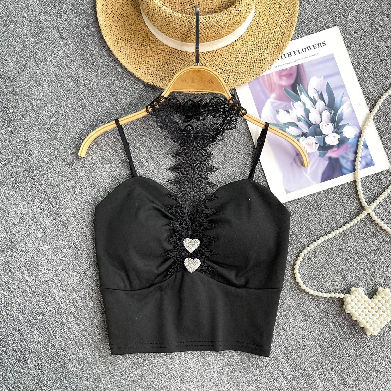 Elegant Black Lace Halter Crop Top Bralette on Luulla
