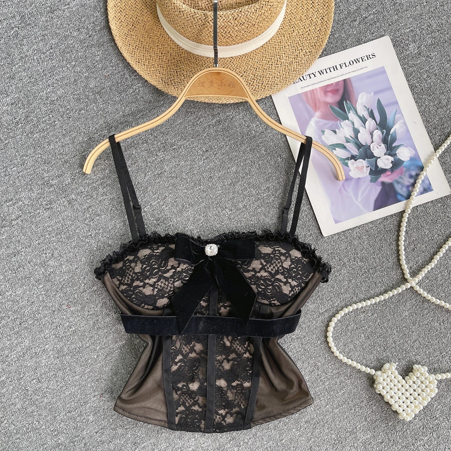 Black Lace Bustier Top With Bow Accent on Luulla