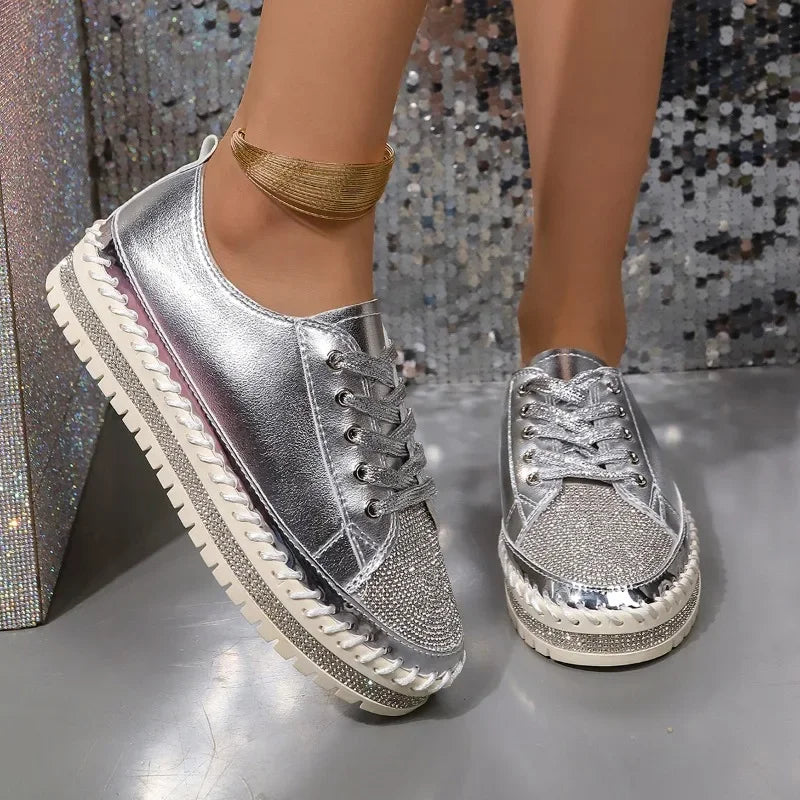 Womens Shiny Silver Rhinestone Platform Sneakers on Luulla