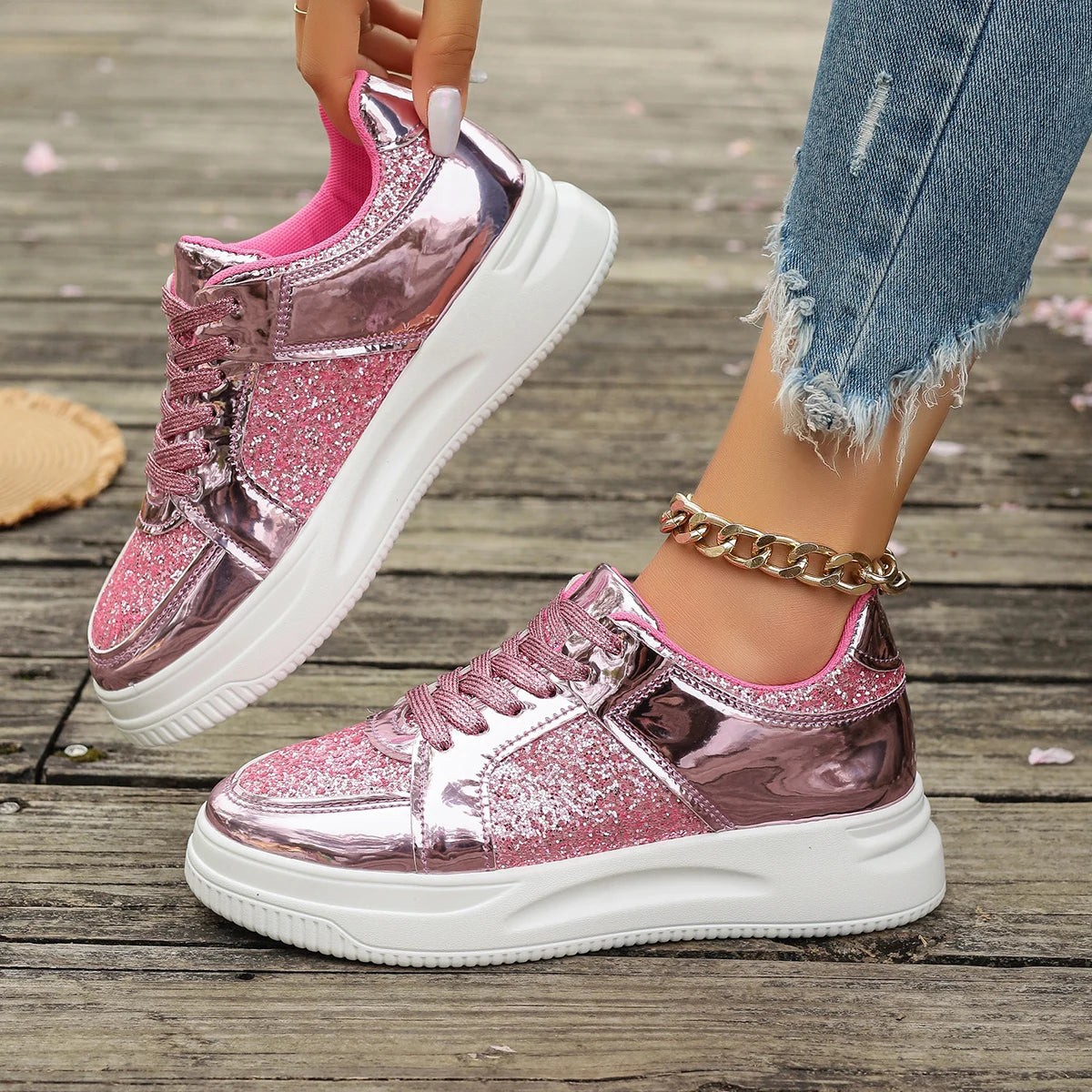 Pink Glitter Metallic Lace-up Platform Sneakers on Luulla