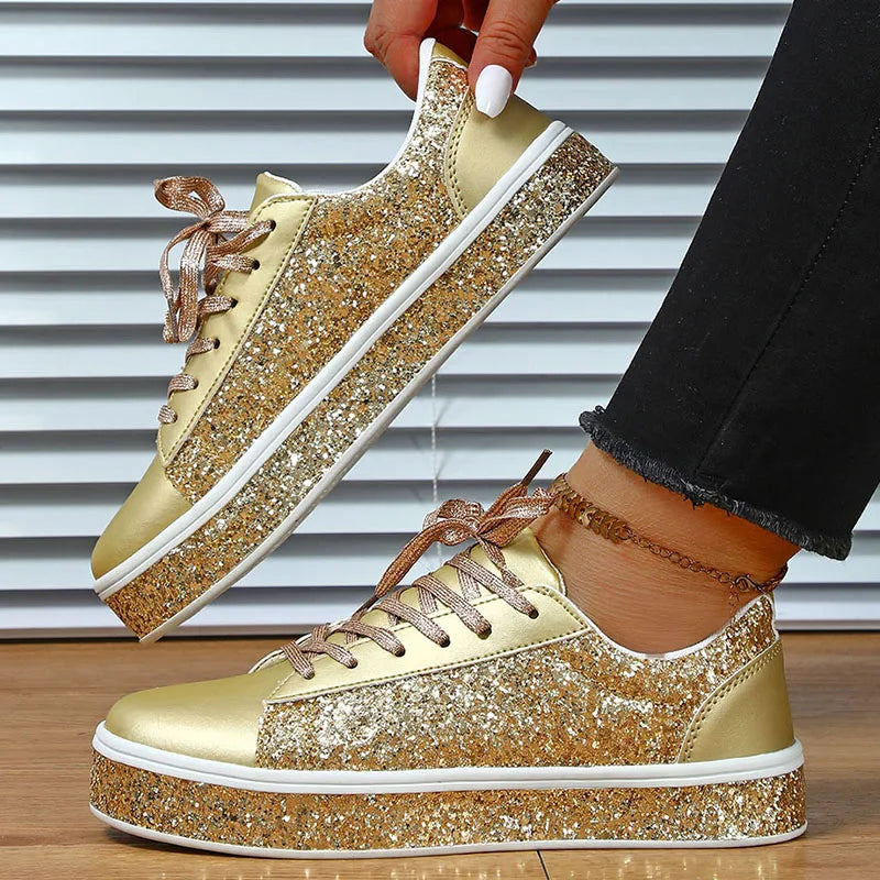 Gold Glitter Sparkle Lace-up Platform Sneakers on Luulla