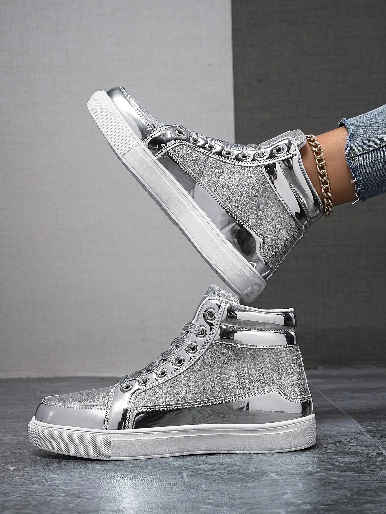 Silver High-top Glitter Sneakers For Women on Luulla