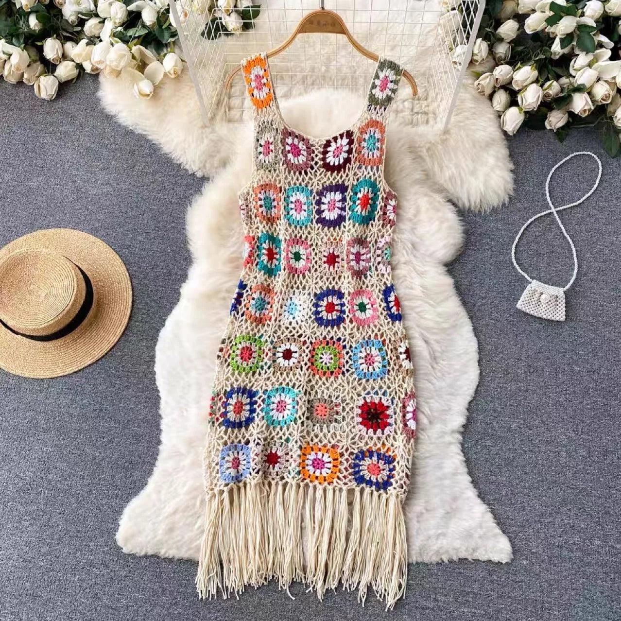 Boho Crochet Fringe Dress With Colorful Patterns on Luulla