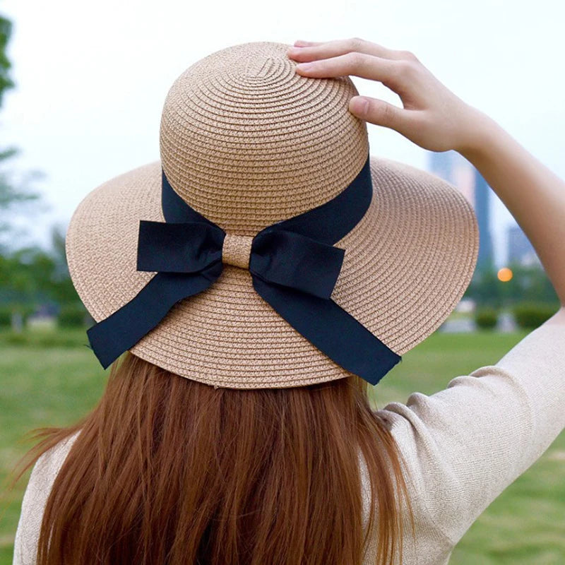 Wide Brim Straw Hat With Black Bow on Luulla