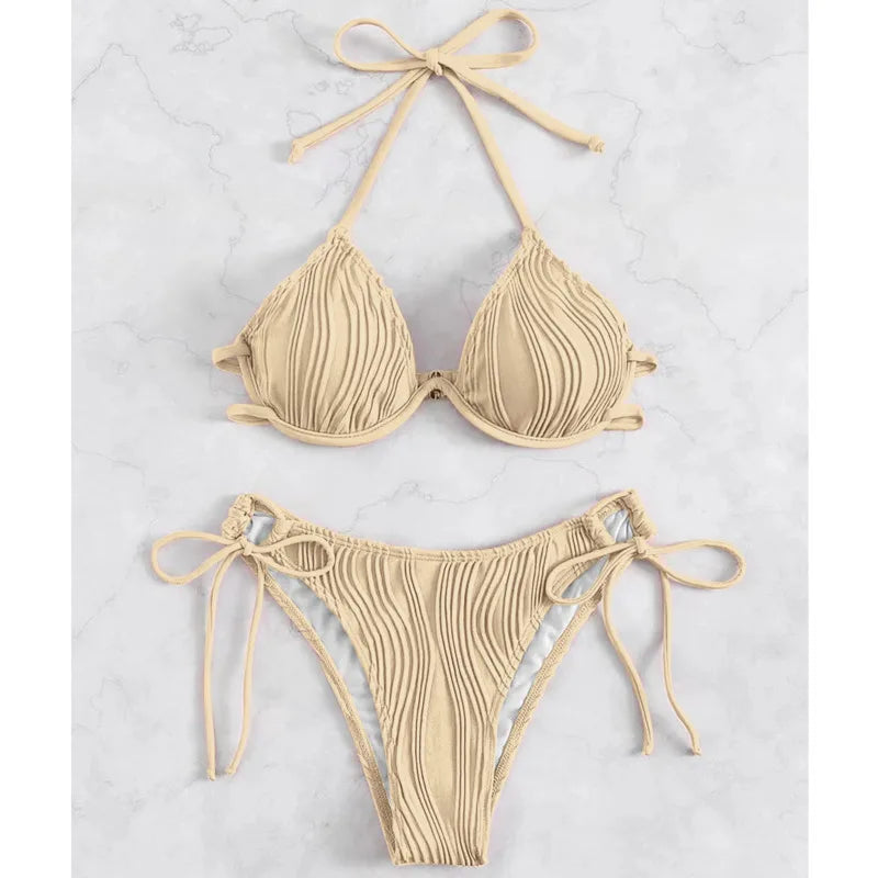 Pink Ribbed Triangle Bikini Set With Ties on Luulla