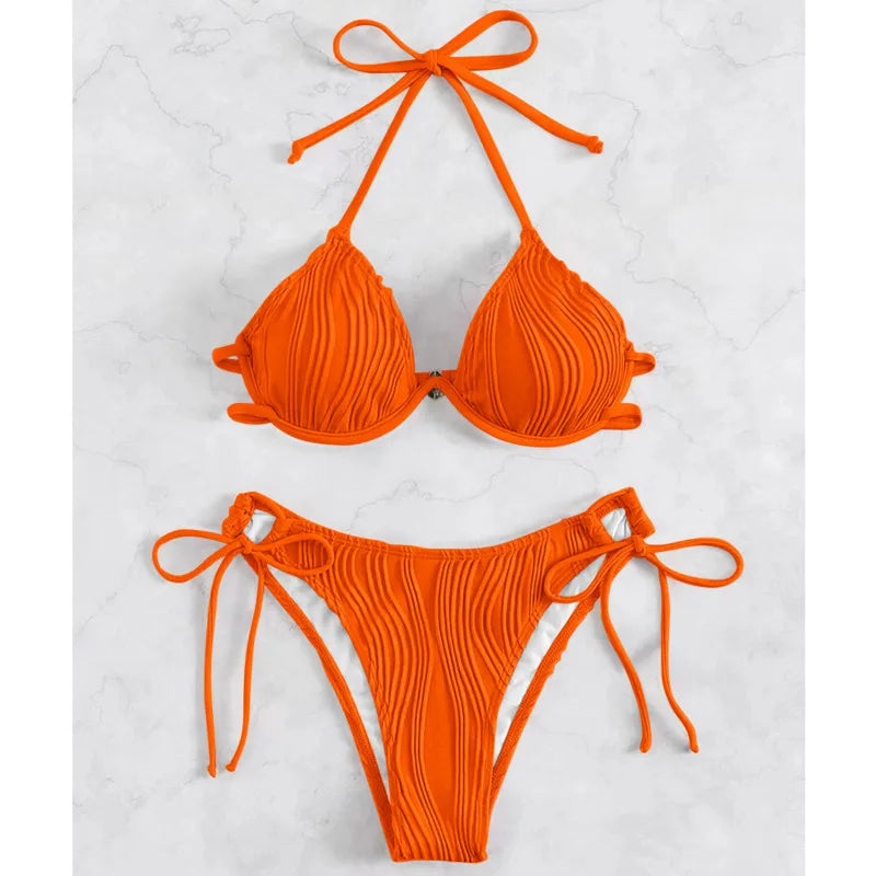 Pink Ribbed Triangle Bikini Set With Ties on Luulla