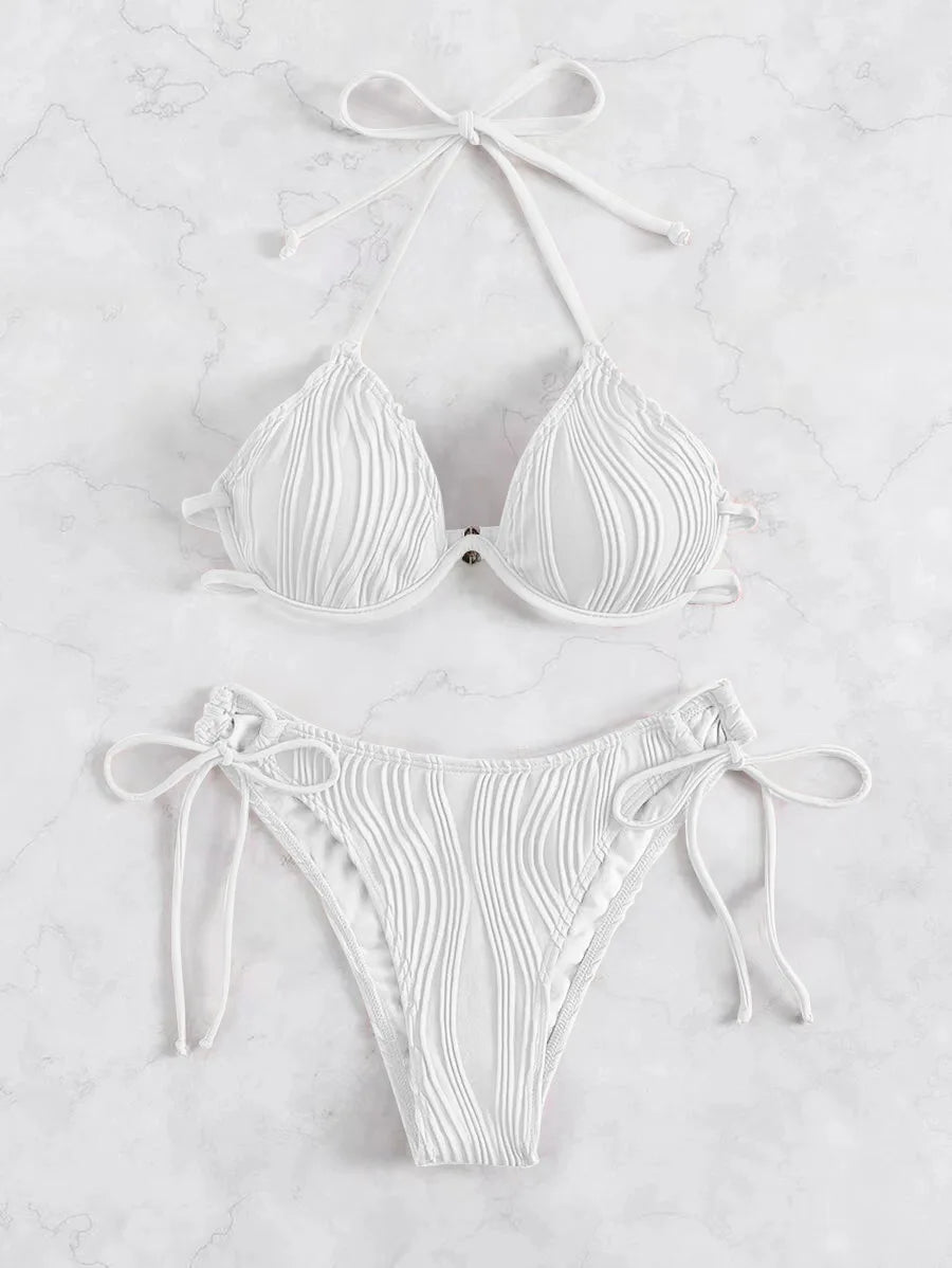 Pink Ribbed Triangle Bikini Set With Ties on Luulla