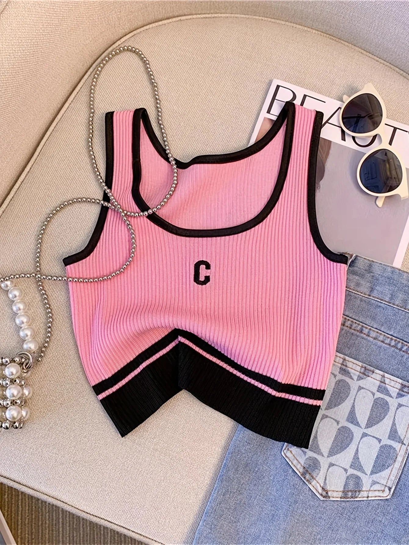 Pink Ribbed Crop Tank Top With Trim on Luulla