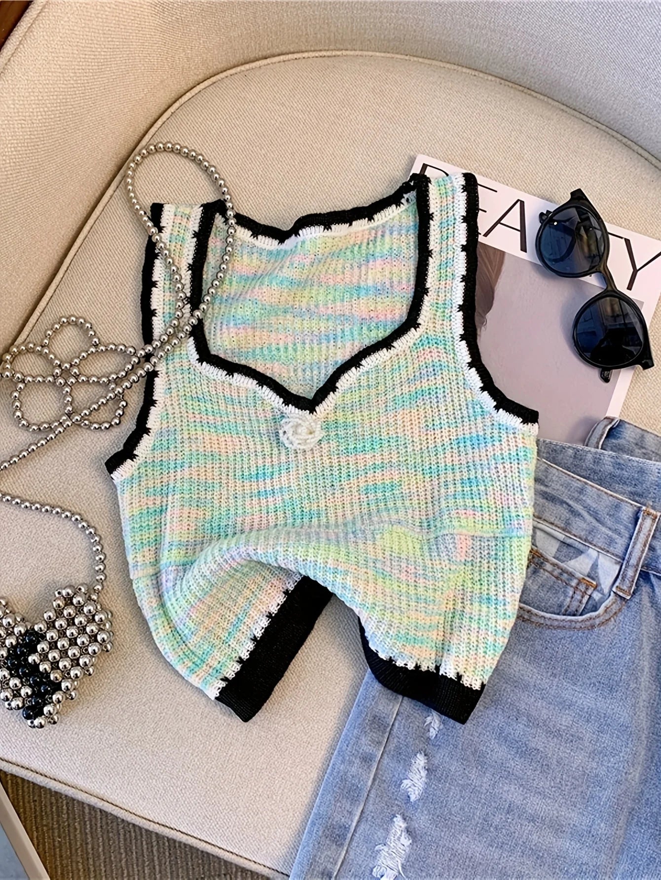 Pastel Cropped Knitted Tank Top With Trim on Luulla