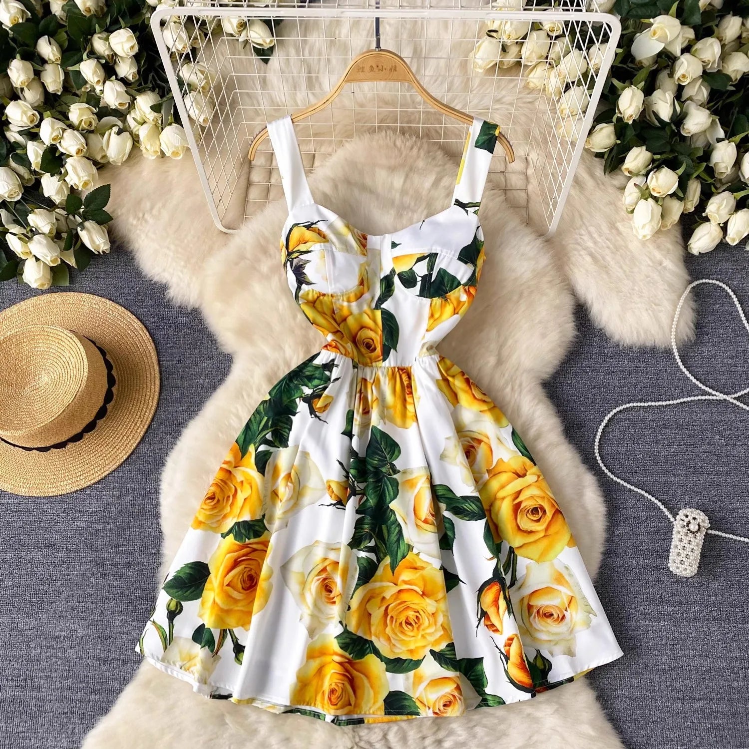 Floral Print Sundress With Yellow Rose Pattern on Luulla