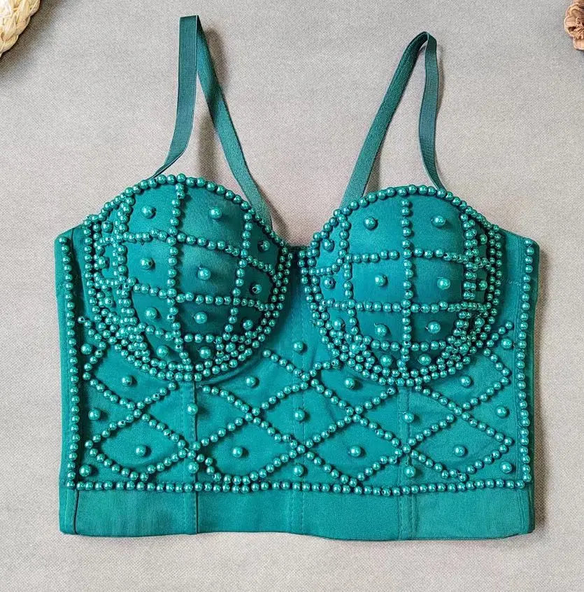 Emerald Green Beaded Bustier Top With Straps on Luulla