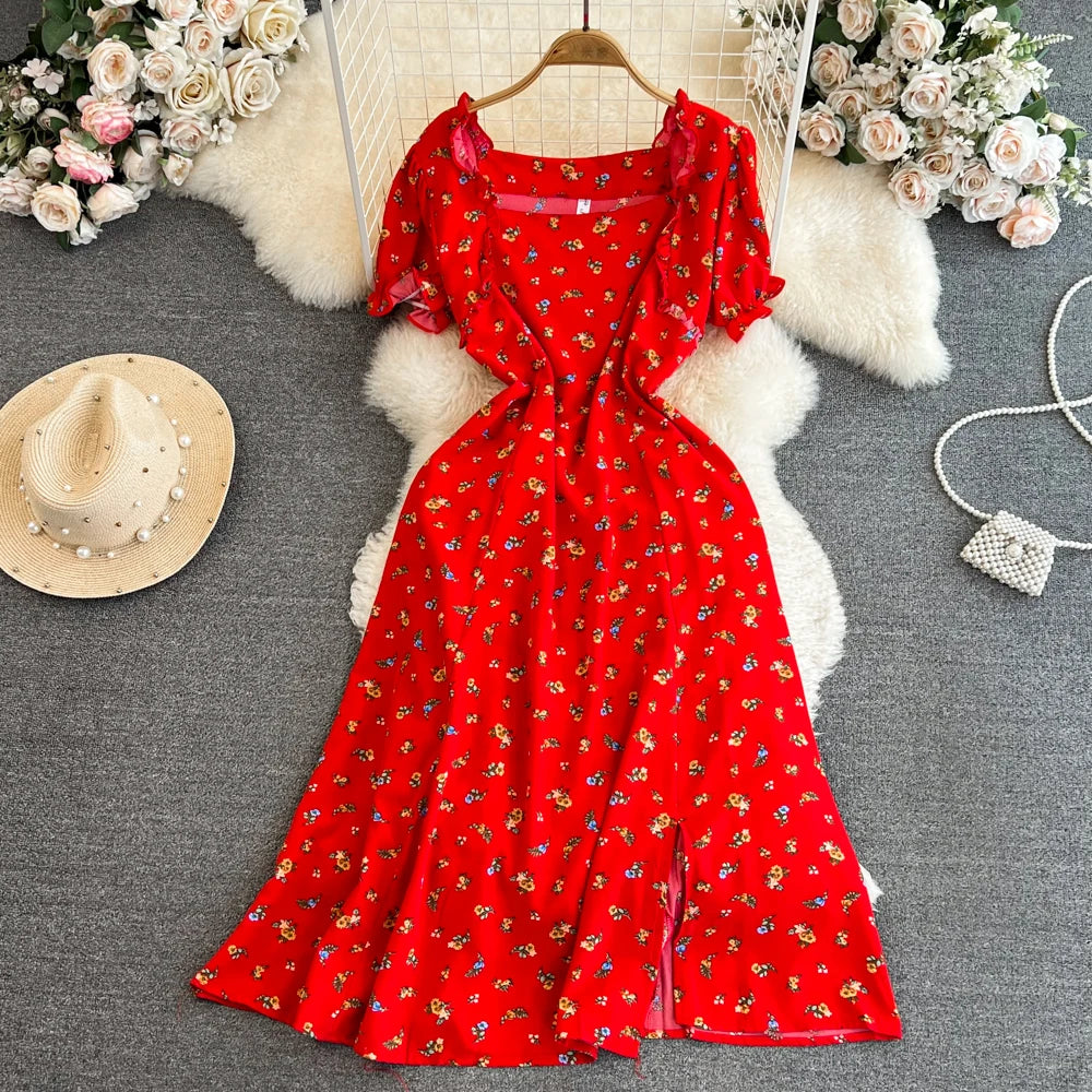 Red Floral Print Midi Summer Dress on Luulla