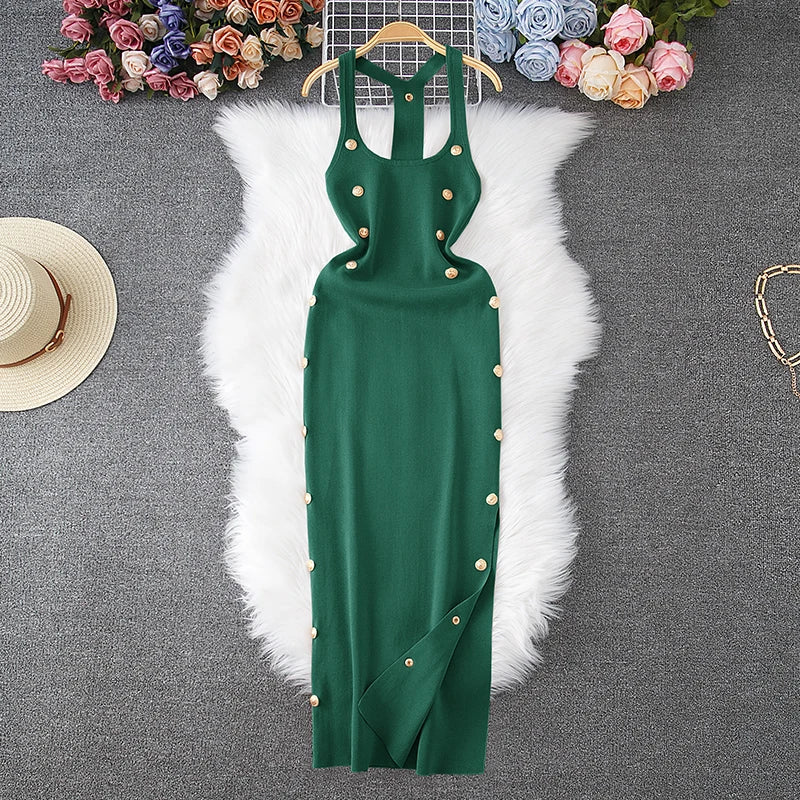 Green Sleeveless Button-down Midi Dress For Women on Luulla