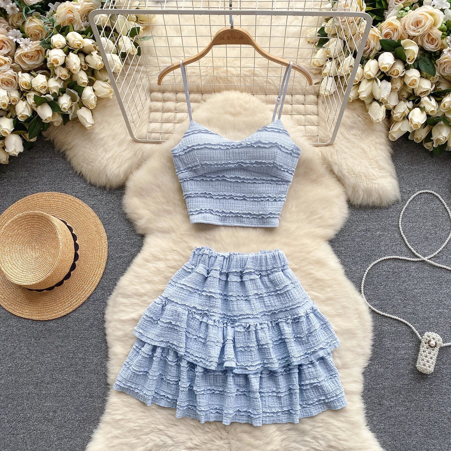 Blue Ruffled Two-piece Summer Outfit Set on Luulla