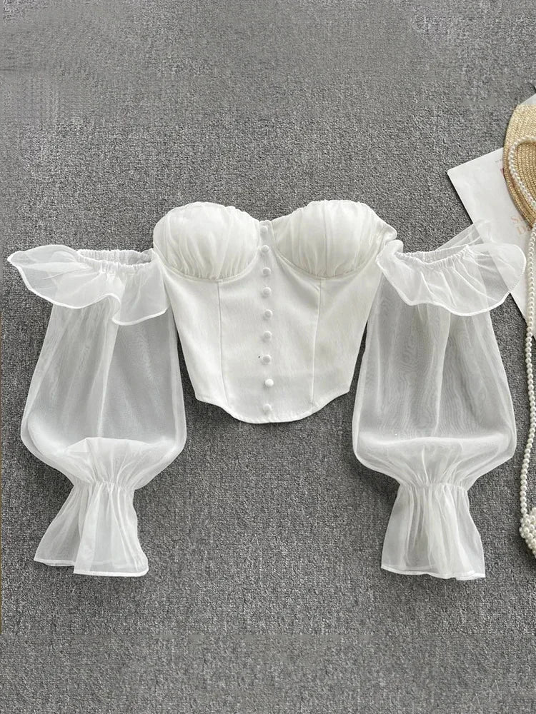 Romantic White Off-shoulder Puff Sleeve Corset on Luulla