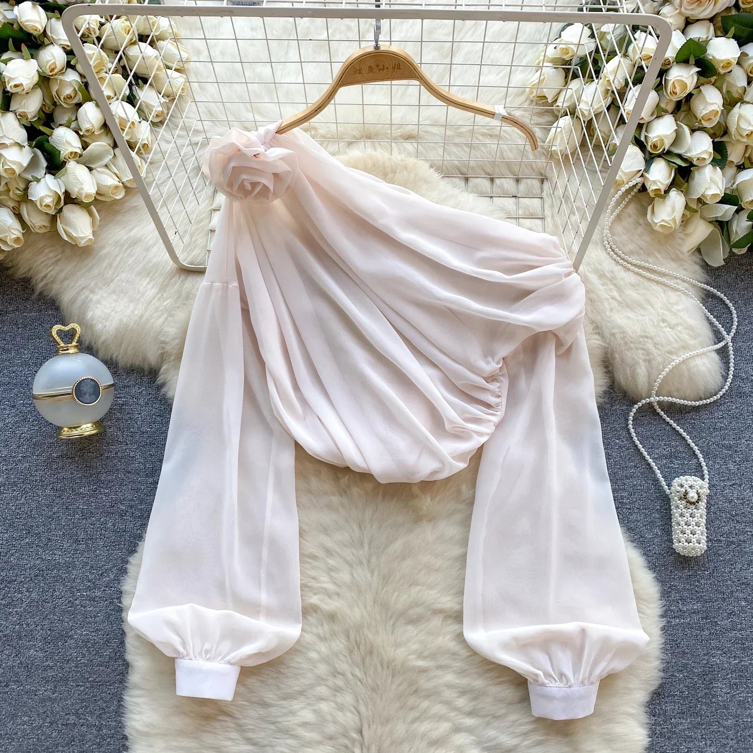 Elegant Off-shoulder Long Sleeve Chiffon Top on Luulla