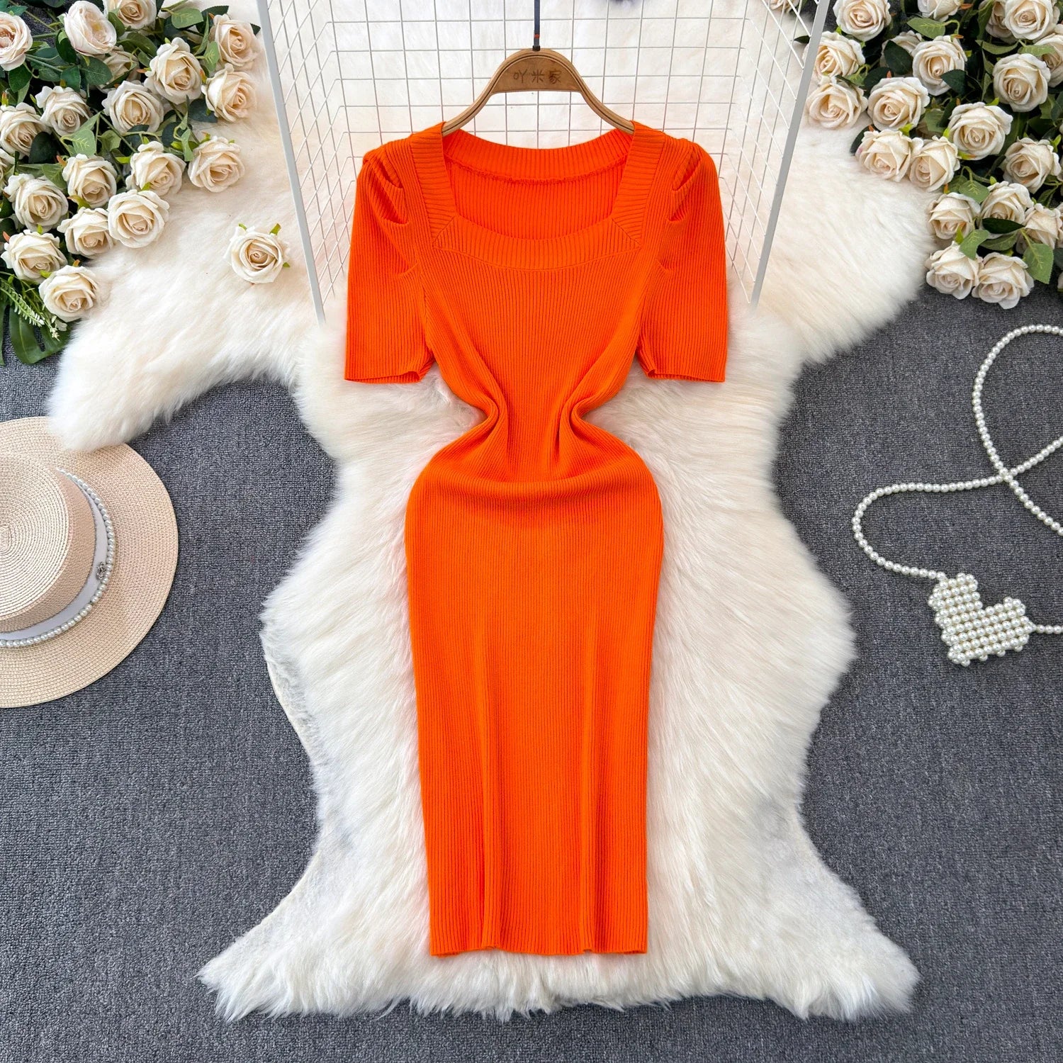 Elegant Orange Ribbed Knit Midi Dress on Luulla