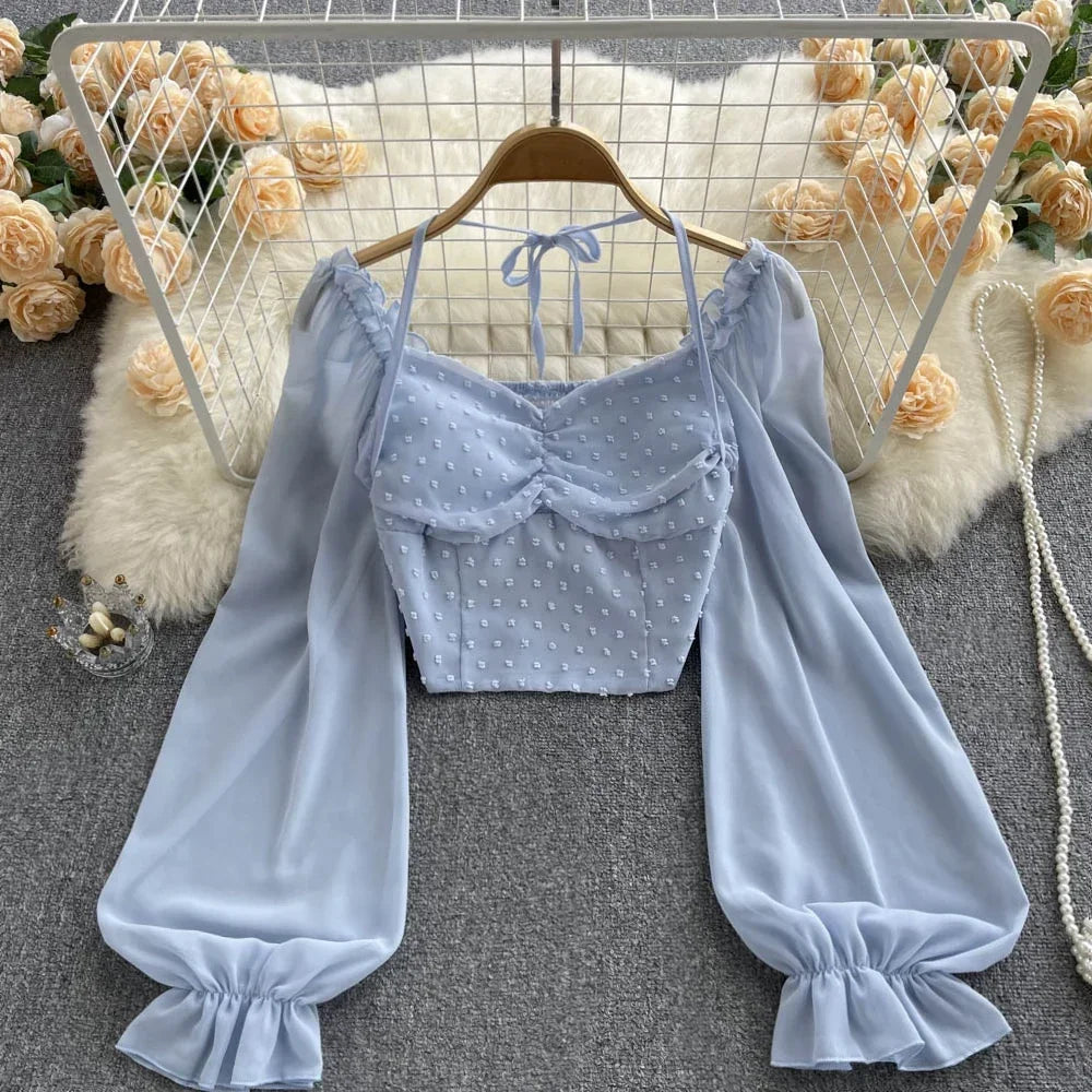 Puff Sleeve Sheer Chiffon Ruched Crop Top on Luulla