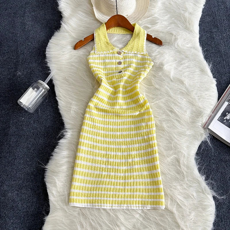 Yellow Striped Sleeveless Button Summer Dress on Luulla
