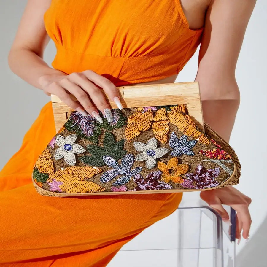 Floral Embroidered Clutch With Wooden Handle Accents on Luulla