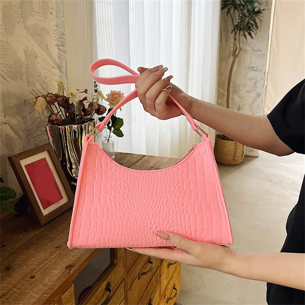 Pink Croc-embossed Handbag With Wrist Strap on Luulla