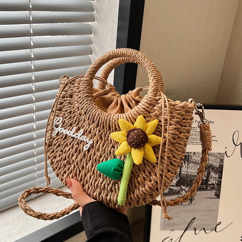 Handwoven Straw Bag With Sunflower And Handle on Luulla