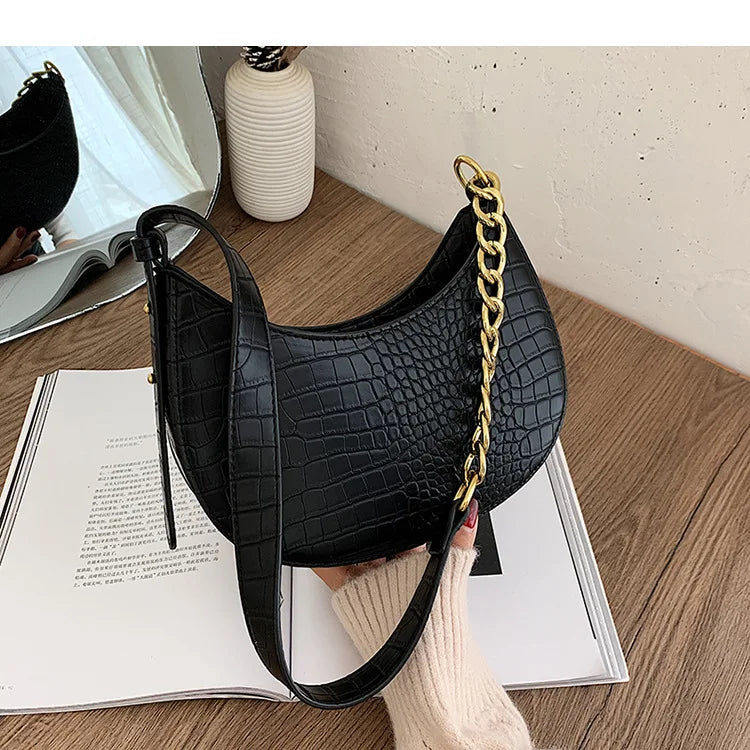 Chic Black Croc Embossed Shoulder Bag on Luulla