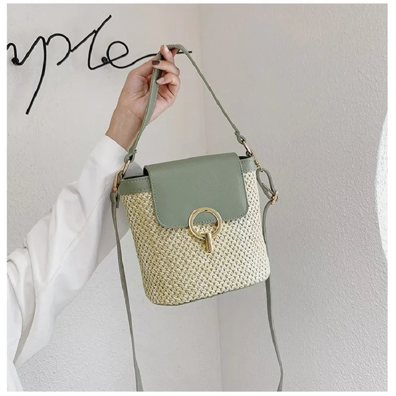 Handwoven Straw Bag With Green Flap Design on Luulla