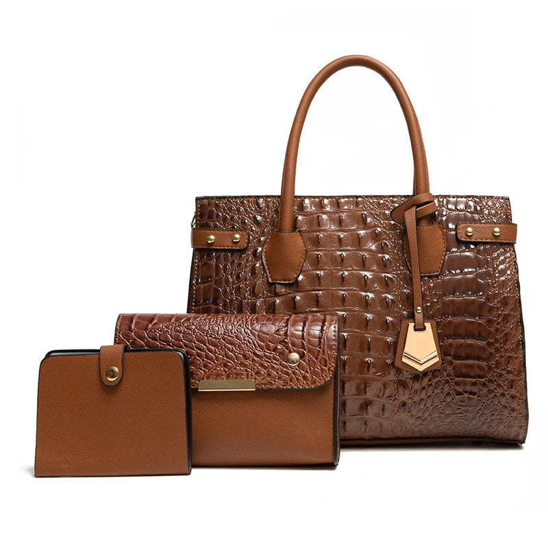 Elegant Brown Crocodile Pattern Handbag Set on Luulla