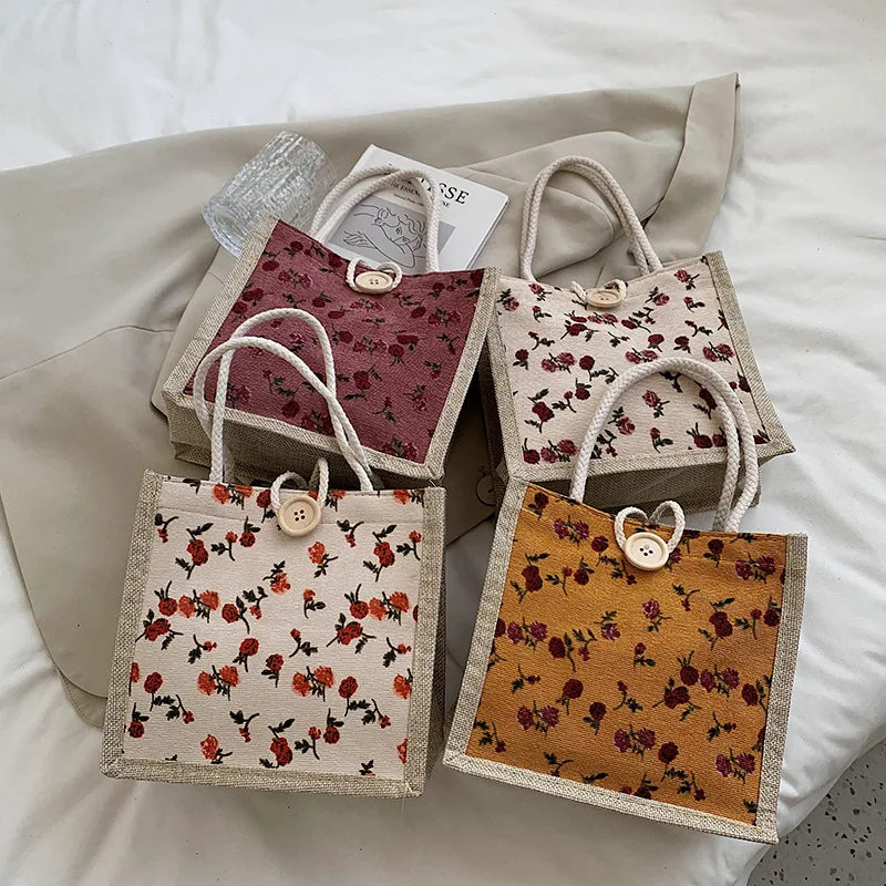 Floral Print Linen Tote Bags With Buttons on Luulla