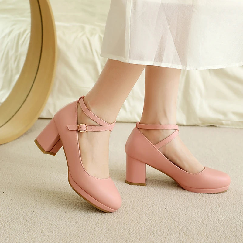 Elegant Pink Chunky Heel Ankle Strap Shoes on Luulla