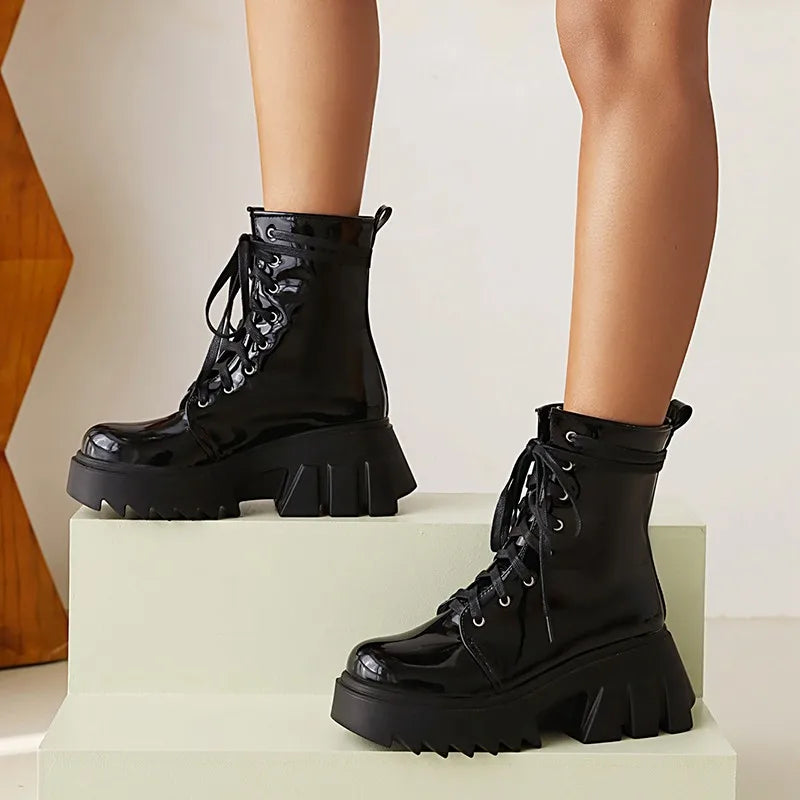 Womens Black Chunky Lace-up Platform Boots on Luulla