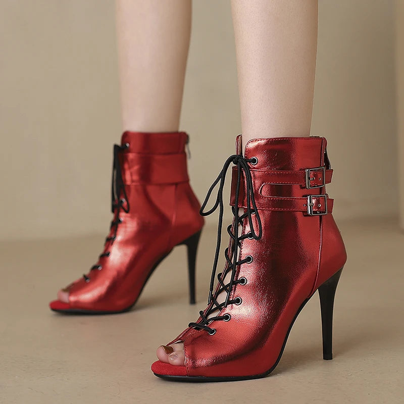 Red Metallic Lace-up High Heel Boots on Luulla