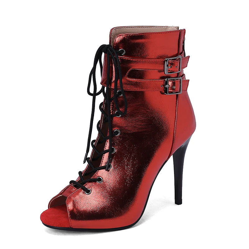 Red Metallic Lace-up High Heel Boots on Luulla