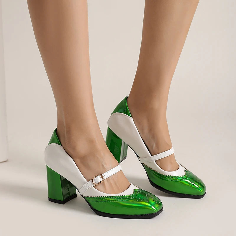 Retro Green And White Block Heel Shoes on Luulla